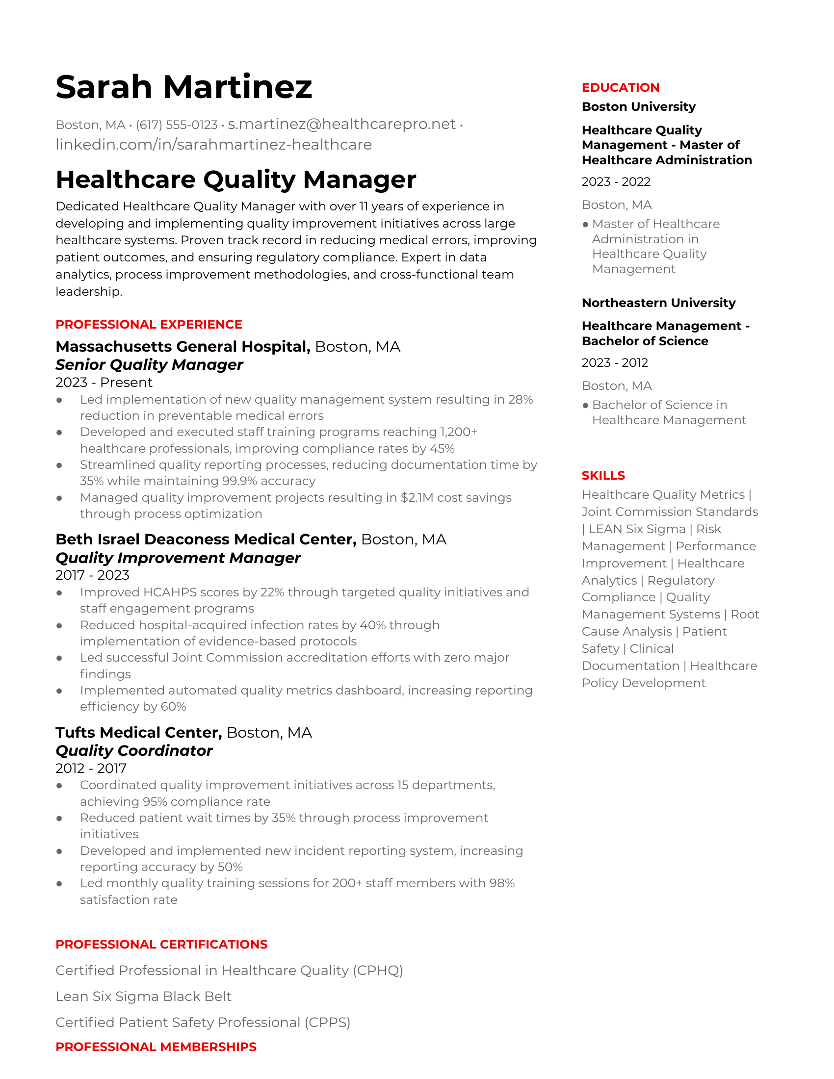 Healthcare Quality Manager in Healthcare Resume Examples & Tips for ...
